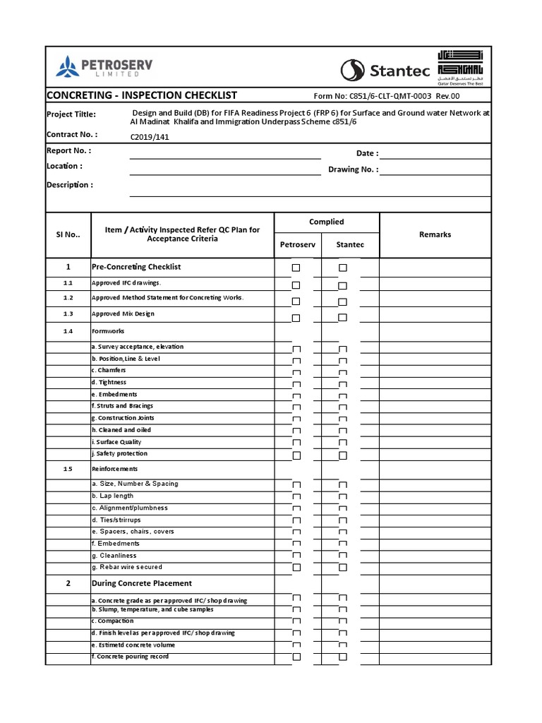 Pre-Concreting Inspection Checklist | PDF | Concrete | Economic Sectors