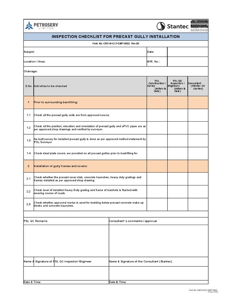 Inspection Checklist For Precast Gully Installation: Form No: C851/6 ...