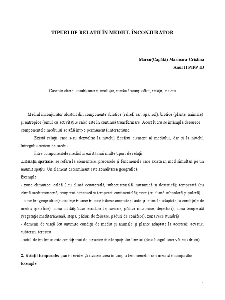 Tipuri de Relatii in Mediul Inconjurator | PDF