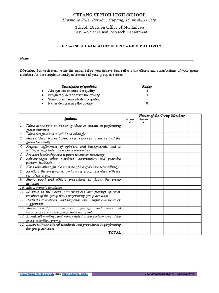 Peer Evaluation Rubric for Group Activities | PDF | Rubric (Academic ...