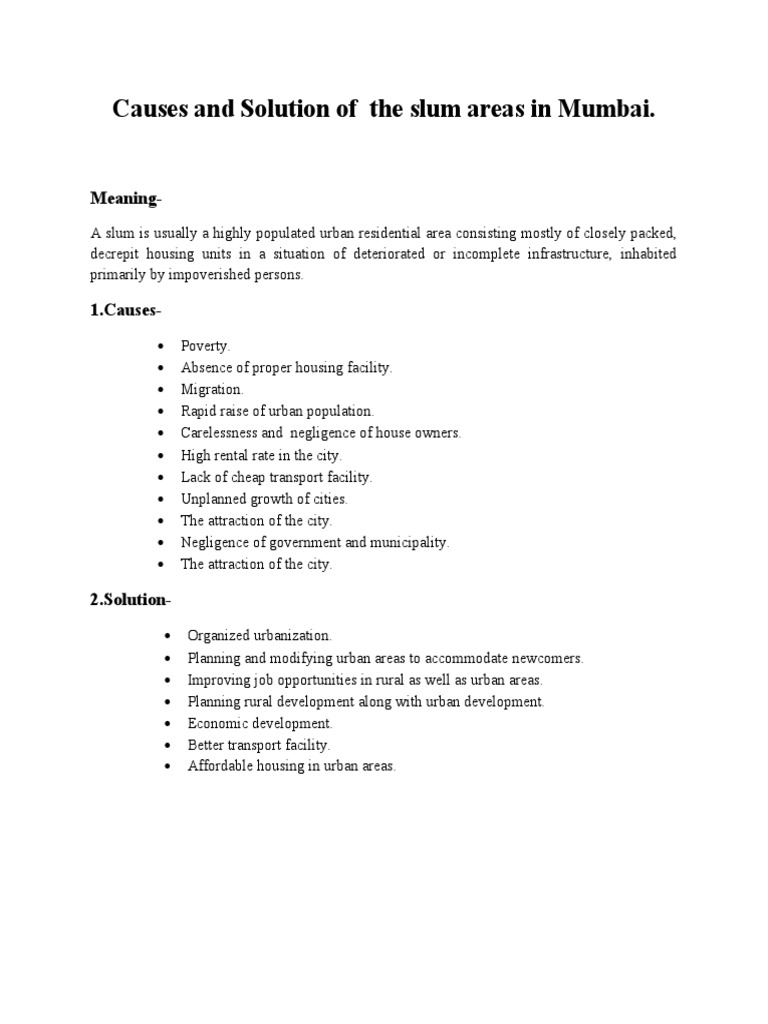 Causes and Solution of The Slum Areas in Mumbai | PDF