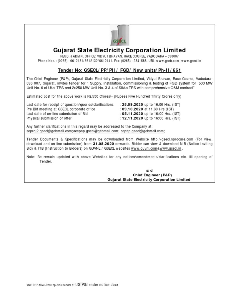 GSECL FGD System Tender Notice | PDF | Computers | Technology & Engineering