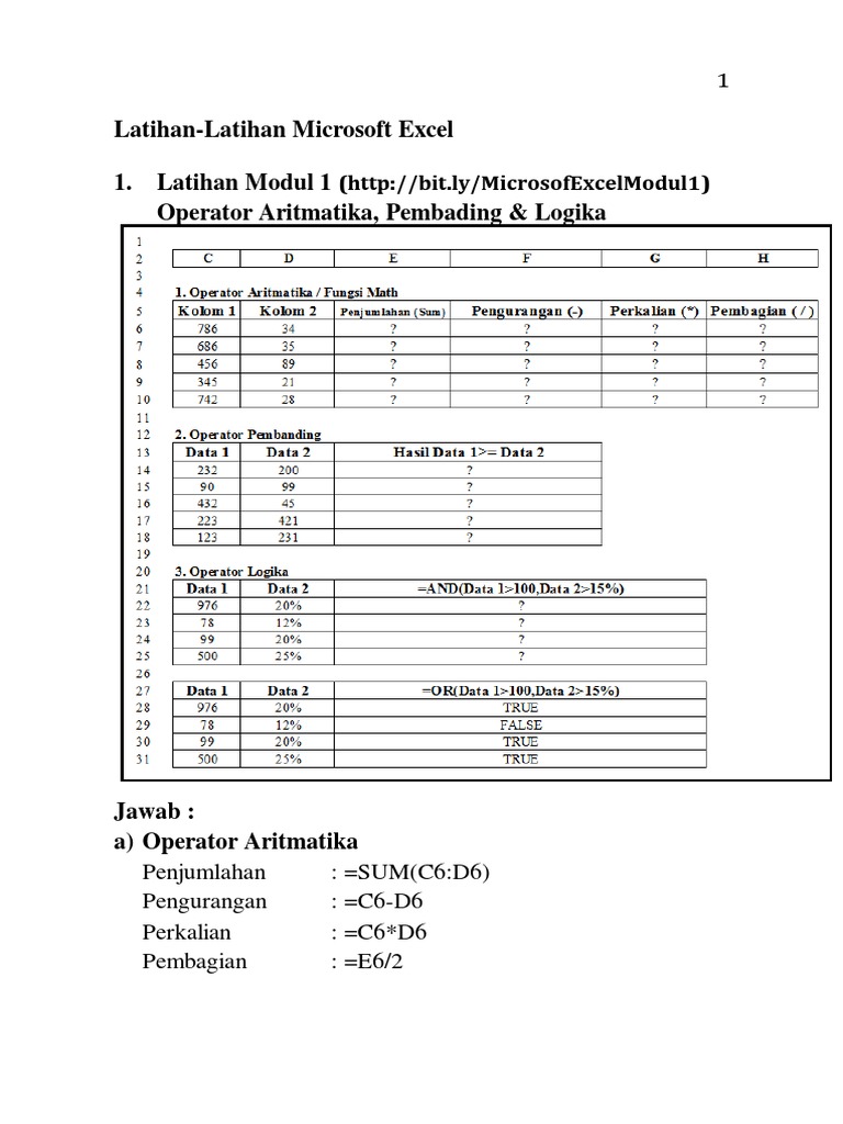 Latihan-Latihan Microsoft Excel 1. Latihan Modul 1 Operator Aritmatika, Pembading & Logika | PDF