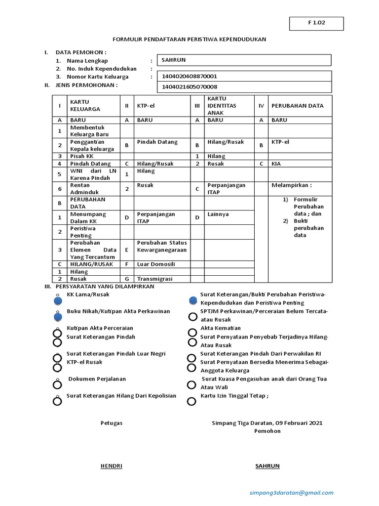 Formulir Pendaftaran Peristiwa Kependudukan | PDF