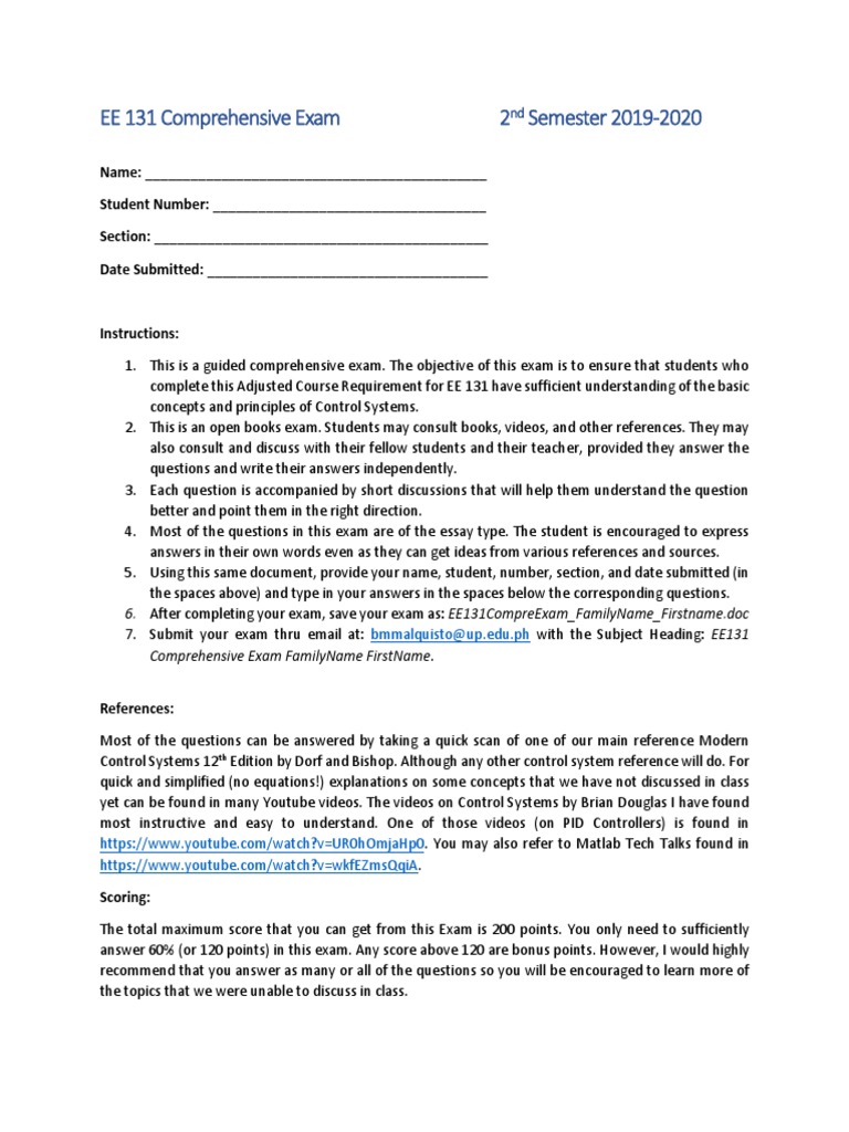 EE131 Comprehensive Exam 2nd Sem 2019-2020 | PDF | Damping | Control Theory