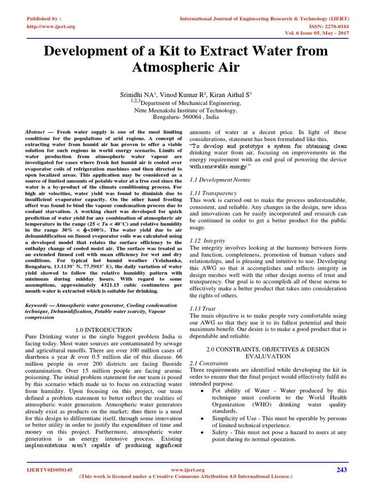 Atmospheric Water Extraction Kit Design | PDF | Humidity | Heat Exchanger