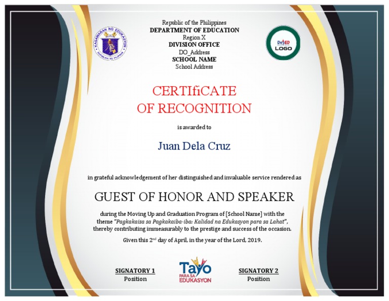 Certificate of Recognition For Guest of Honor and Speaker Template 1 | PDF