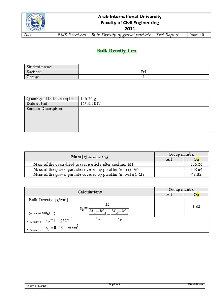Bulk Density of Gravel Particle - Report | PDF