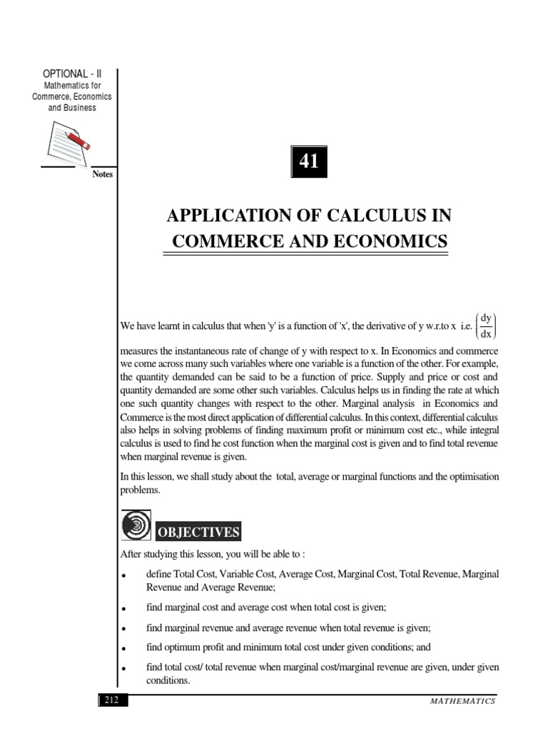 Application of Calculus in Commerce and Economics: Optional - Ii | PDF ...