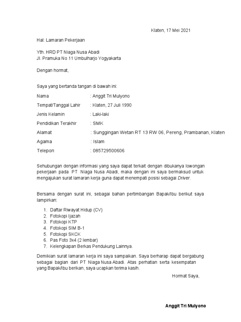 Lamaran Kerja Driver | PDF