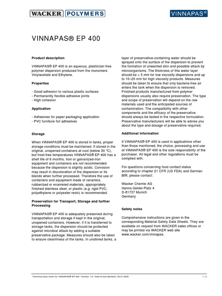 Vinnapas® Ep 400: Product Description | PDF | Polyvinyl Chloride | Adhesive
