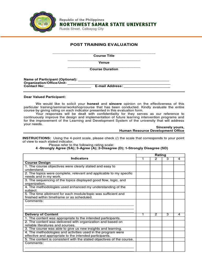 Post Training Evaluation Form Sample | PDF | Evaluation | Cognition