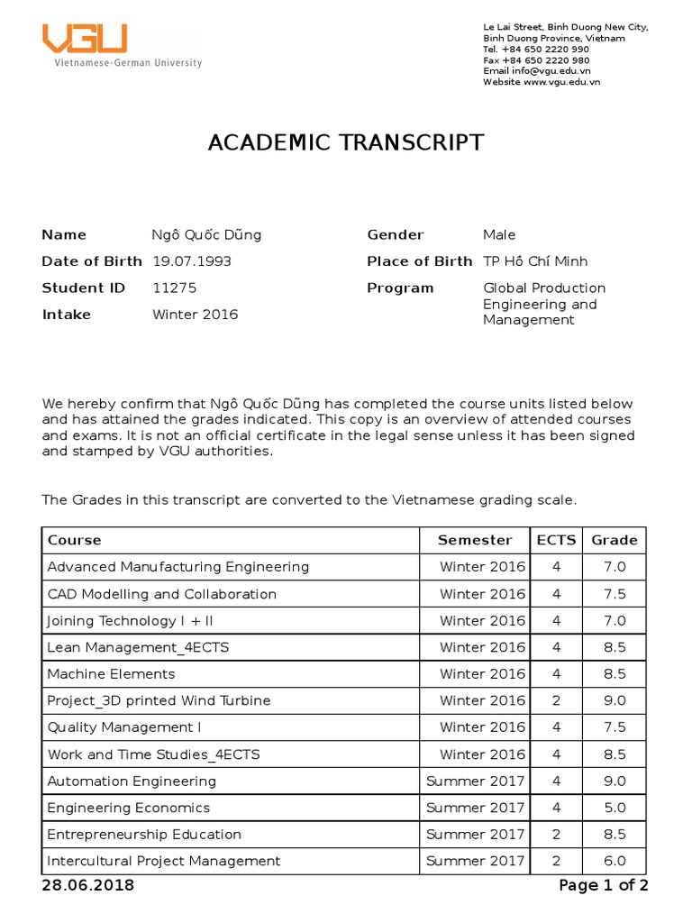 Academic Transcript: Name Date of Birth 19.07.1993 Student ID Intake ...