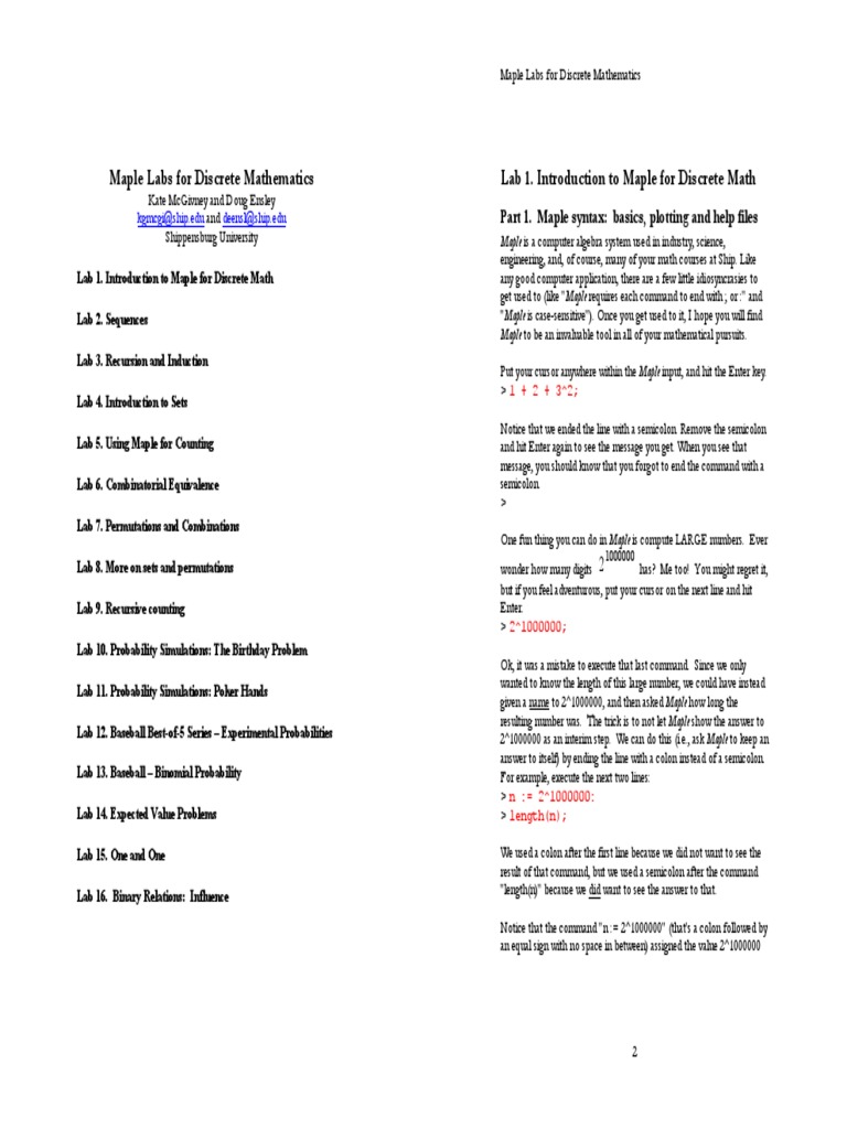 Maple Labs For Discrete Mathematics Lab 1. Introduction To Maple For ...