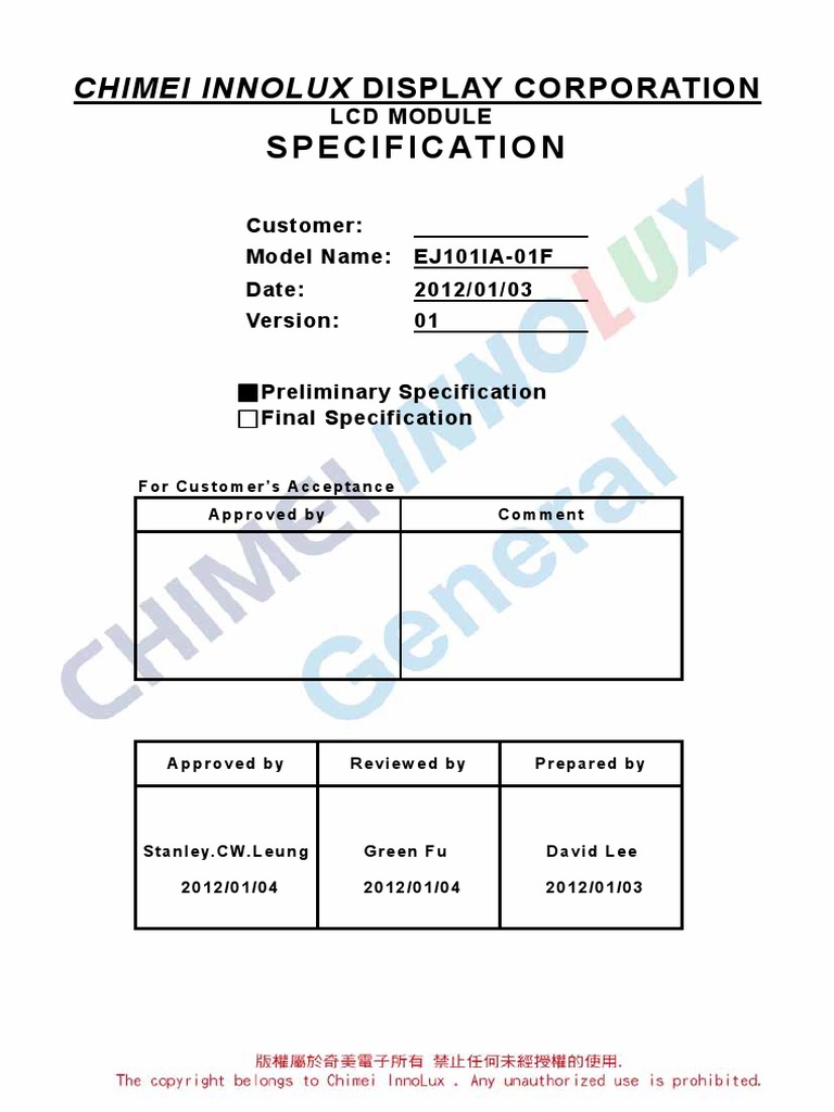 Specification: Chimei Innolux Display Corporation | Download Free PDF | Liquid Crystal Display ...