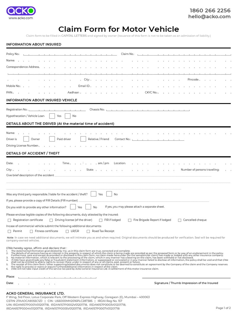 Claim Form For Motor Vehicle: Information About Insured | PDF | Driver ...