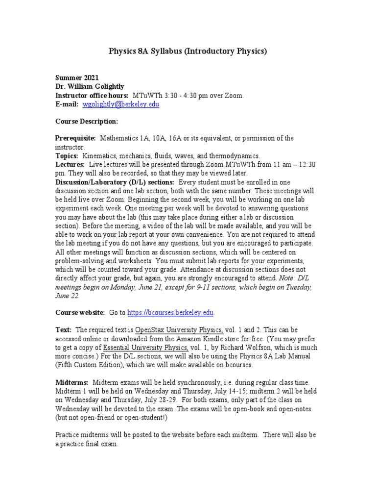 Physics 8A Syllabus (Introductory Physics) : Wgolightly@berkeley - Edu ...