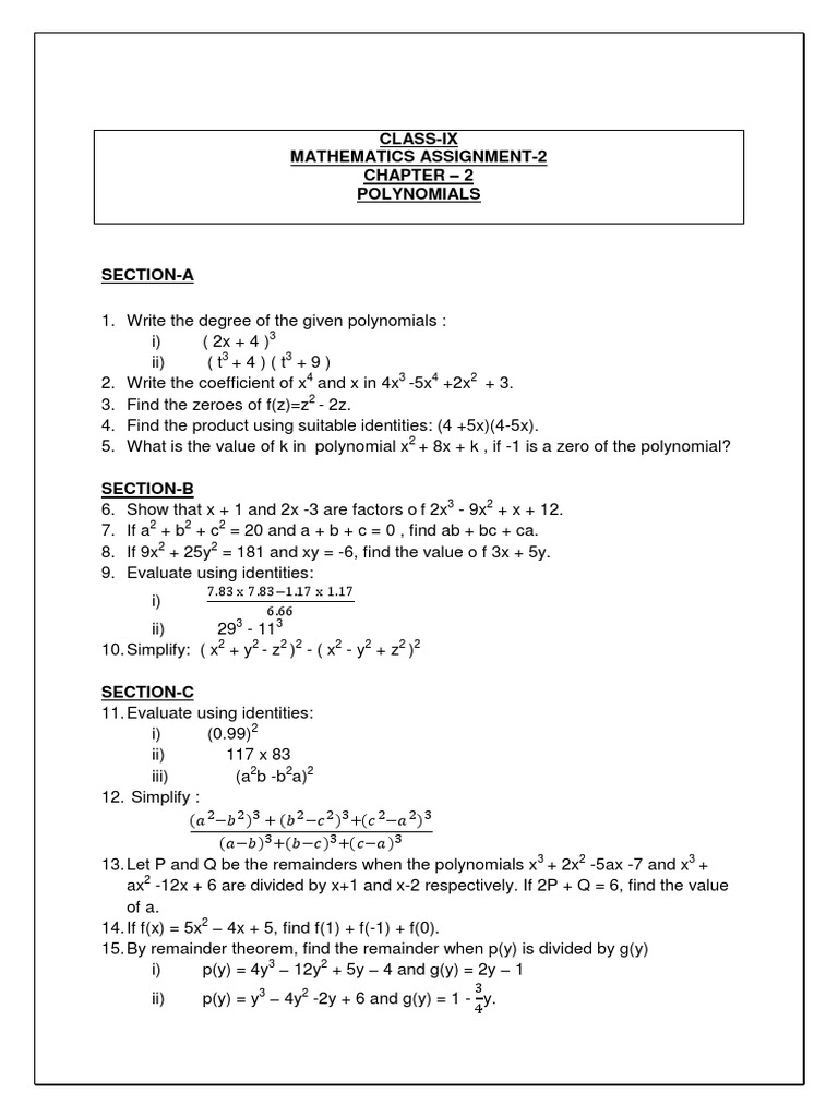 Class-Ix Mathematics Assignment-2 - 2 Polynomials | Download Free PDF | Factorization | Polynomial