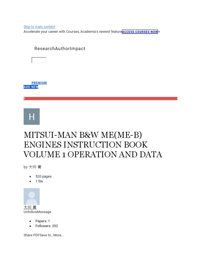 Mitsui-Man B&W Me (Me-B) Engines Instruction Book Volume 1 Operation ...