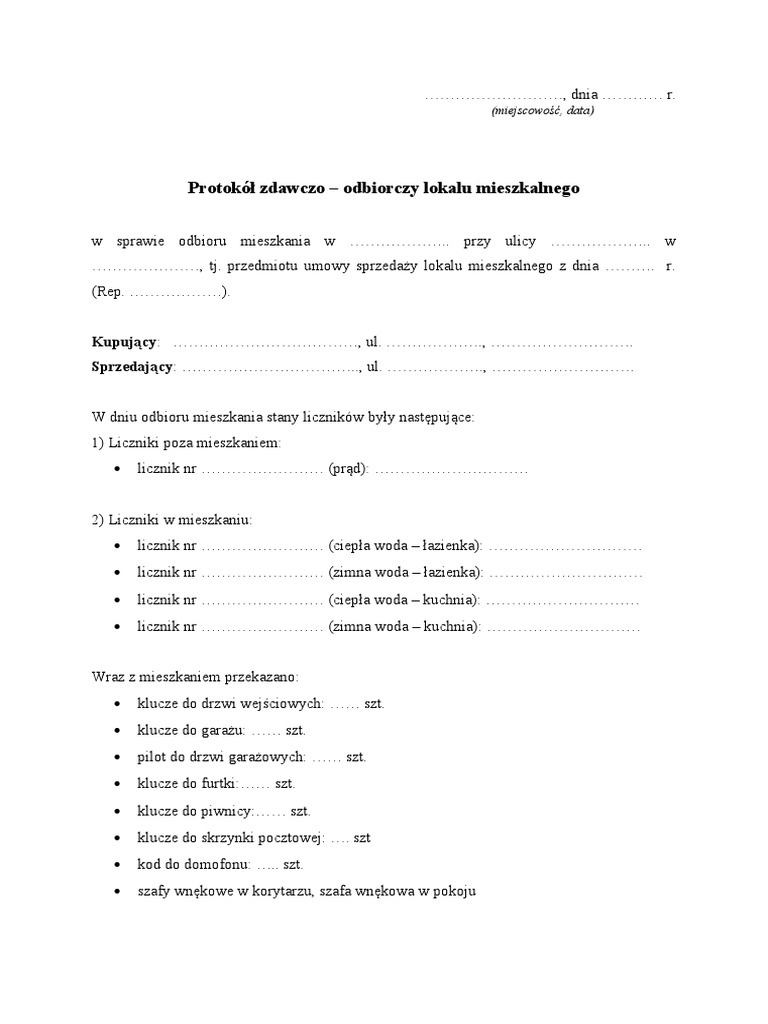 Protokół Zdawczo - Odbiorczy Lokalu Mieszkalnego | PDF