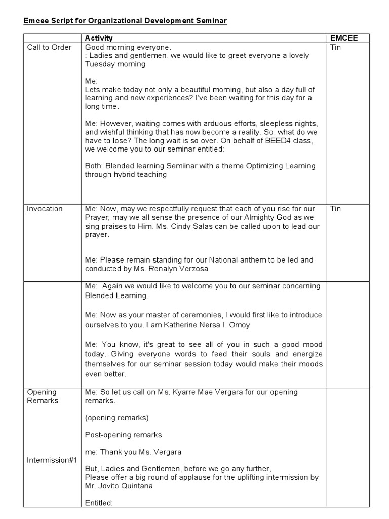 Emcee Script For Organizational Development Seminar Activity Emcee | PDF
