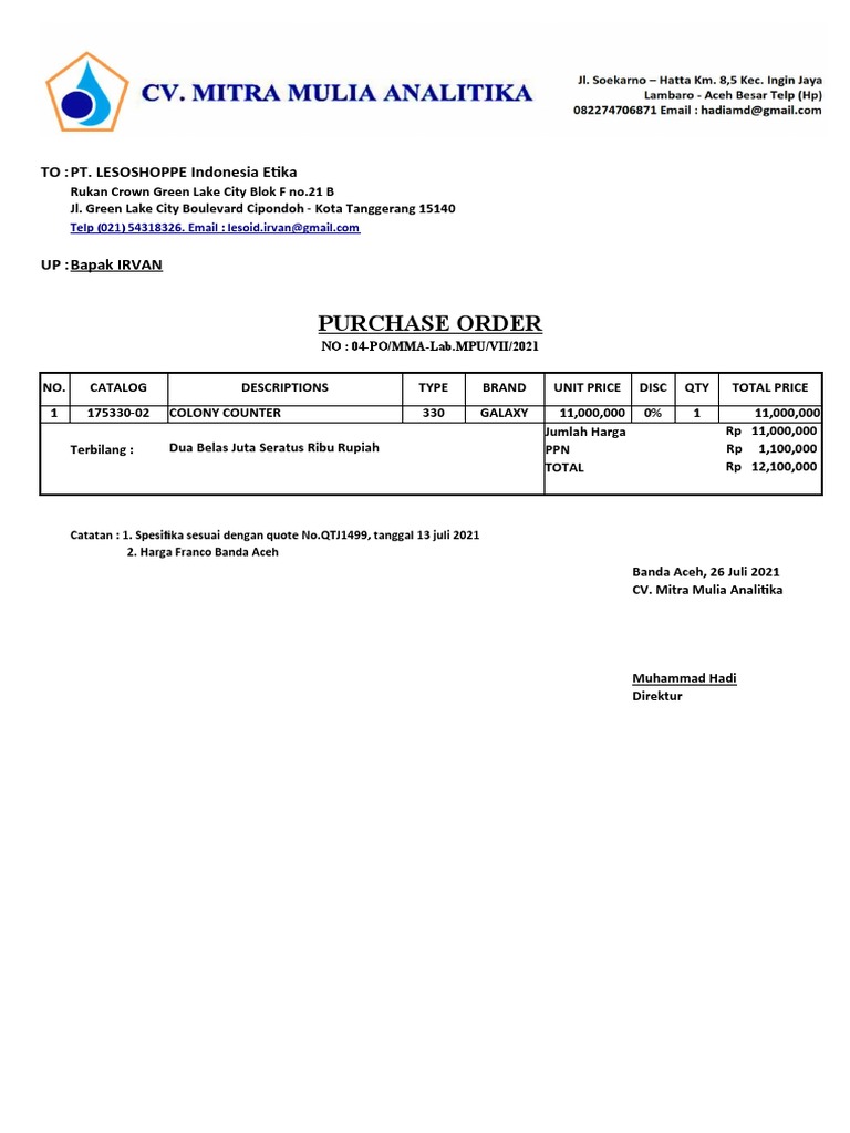 PO Mitra Mulia - PT Lesoshoppe Indonesia-Lab MPU 2021 | PDF