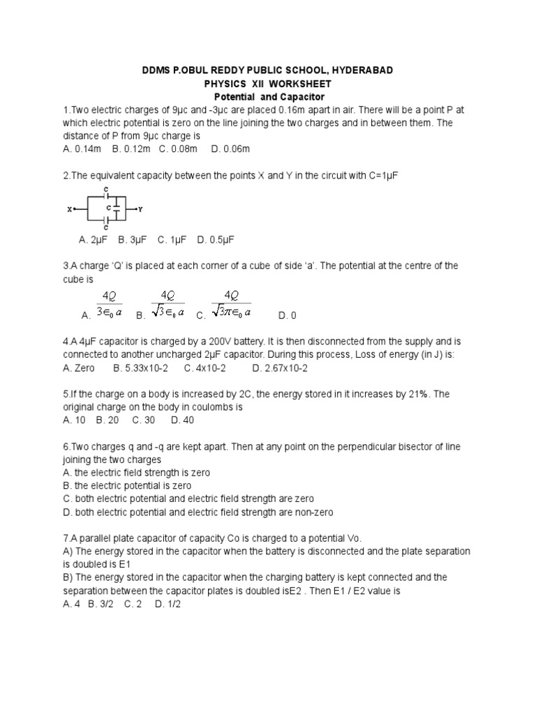 Physics XII Capacitor Worksheet | PDF | Capacitor | Volt