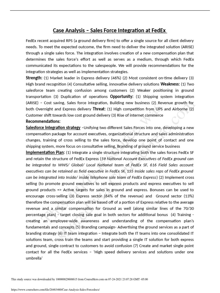 This Study Resource Was: Case Analysis - Sales Force Integration at ...