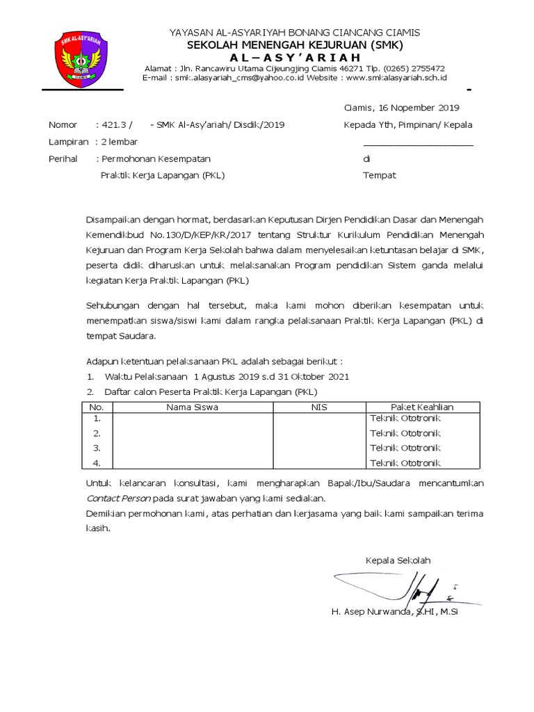Format Surat Permohonan Tempat PKL | PDF