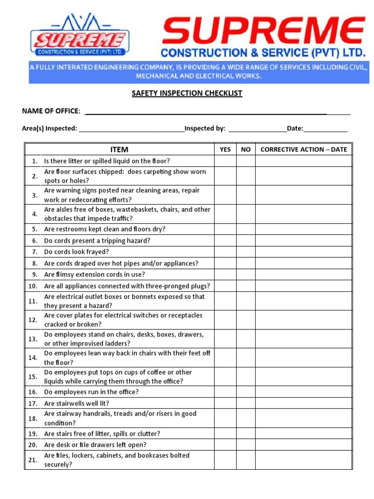 Safety Inspection Checklist: NAME OF OFFICE | PDF | Fires | Stairs