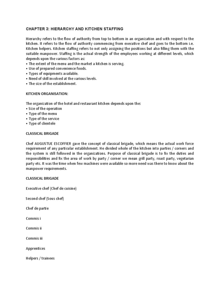 Hierarchy Area of Department & Kitchen | PDF | Chef | Food And Drink