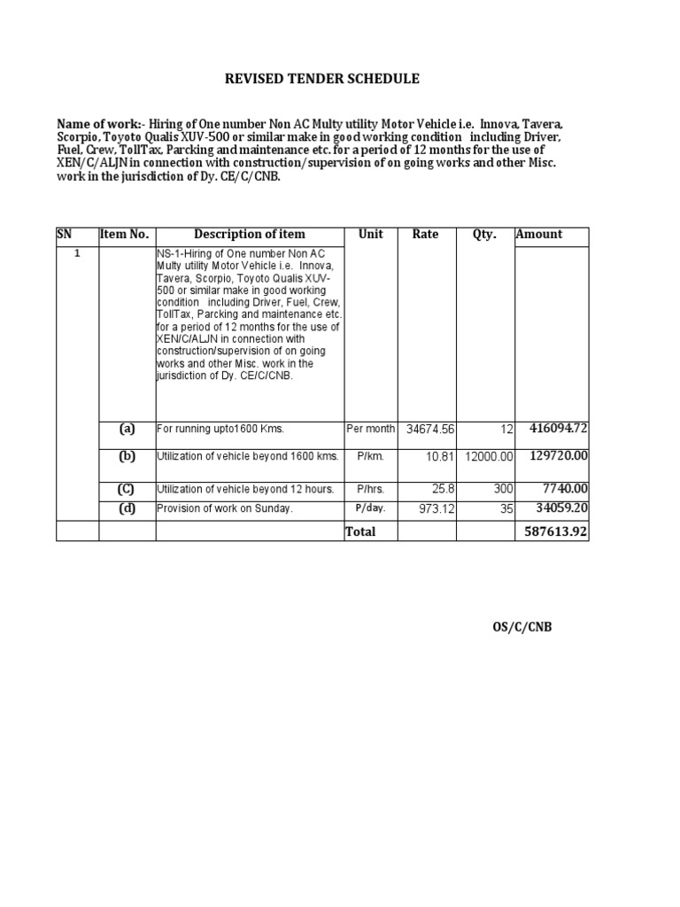Revised Tender Schedule: Name of Work:-Hiring of One Number Non AC ...