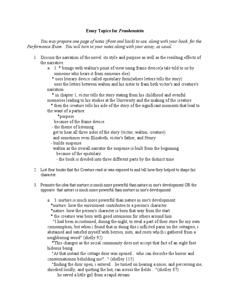 Essay Topics for Mary Shelley's Frankenstein | PDF | Frankenstein