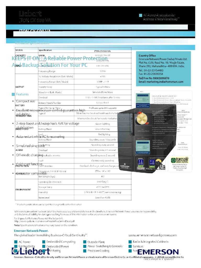 Datasheet-Emerson Liebert iTON CX 600 VA Line Interactive UPS | PDF