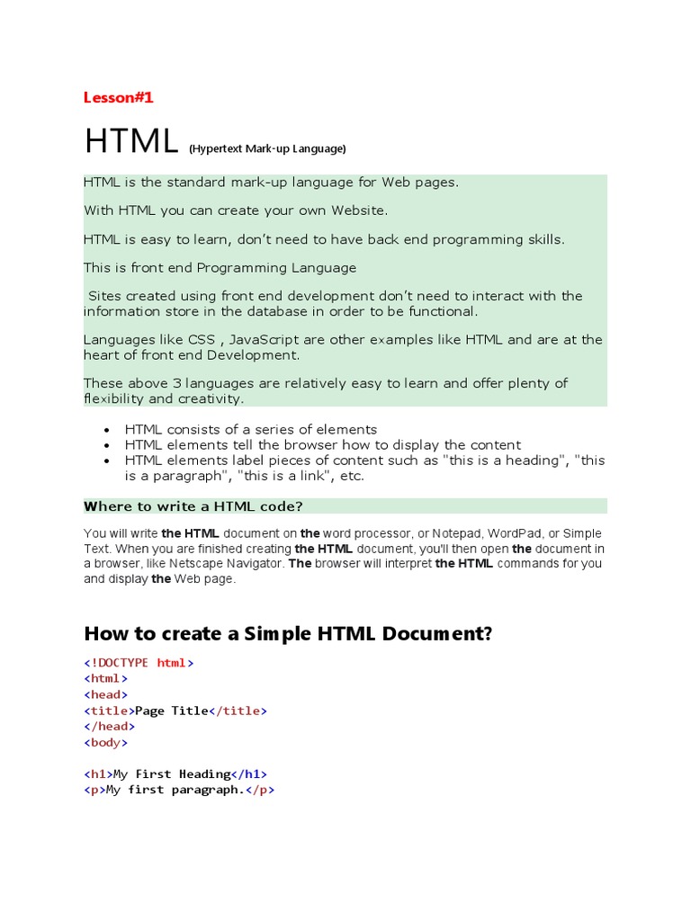 How To Create A Simple HTML Document?: Lesson#1 | PDF | Html | Html Element