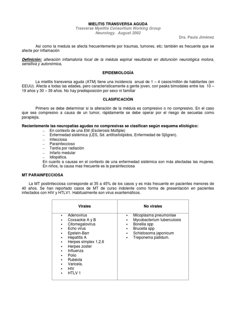 Mielitis Transversa Aguda: Causas y Tratamiento | PDF | Esclerosis ...