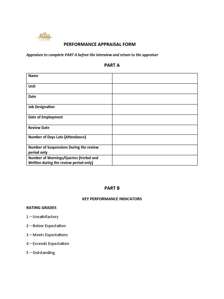 Performance Appraisal Form: Appraisee To Complete PART A Before The ...
