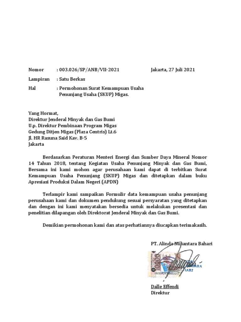 Draft Surat Permohonan Pengajuan SKUP Migas | PDF