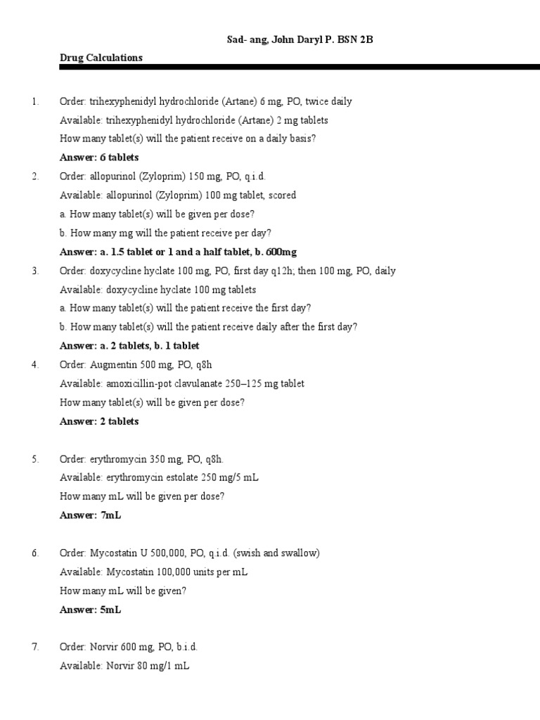 Sad-Ang, John Daryl P. BSN 2B Drug Calculations | PDF | Drugs ...