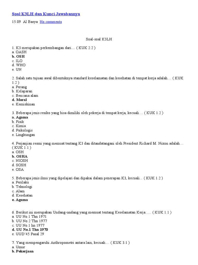 Contoh Soal K3LH Dan Kunci Jawabannya | PDF