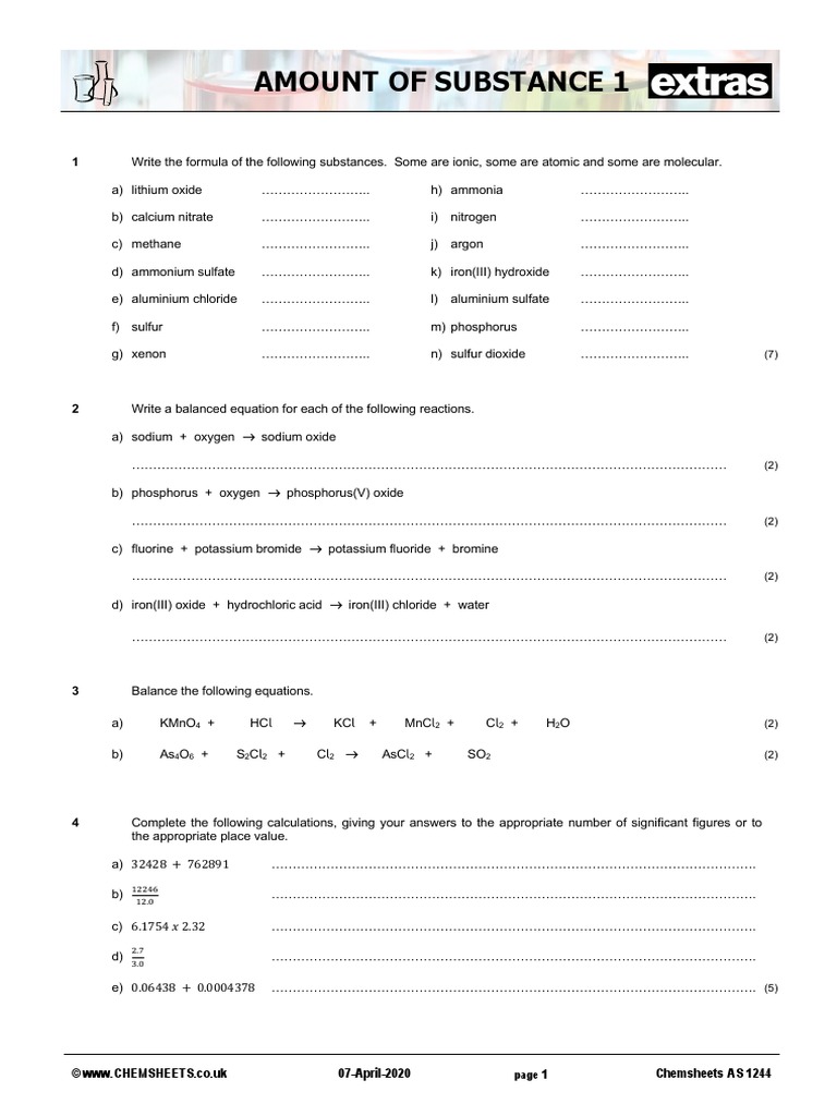 Amount of Substance 1: © WWW - CHEMSHEETS.co - Uk 07-April-2020 ...