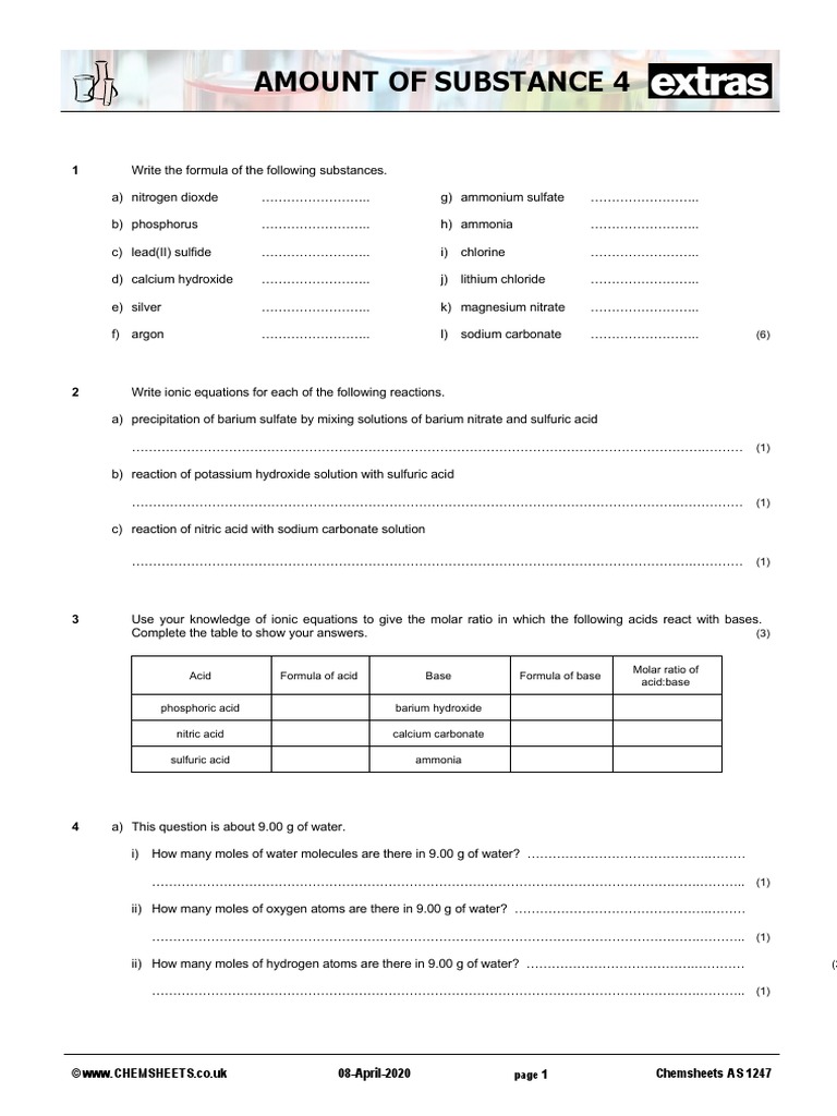 Amount of Substance 4: © WWW - CHEMSHEETS.co - Uk 08-April-2020 ...