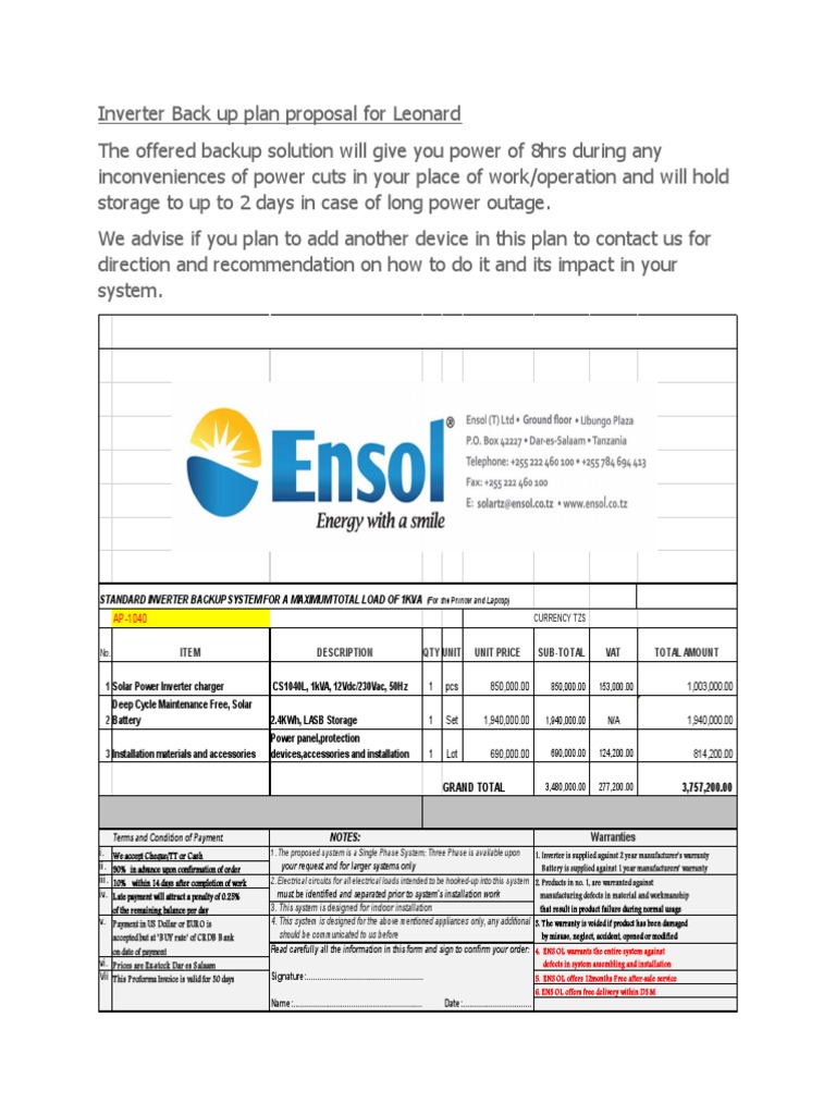 Inverter Back Up Plan Proposal For Leonard | PDF | Power Inverter ...