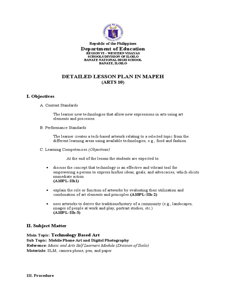 Detailed Lesson Plan in MOBILE PHONE ARTS CGI and DIGITAL PHOTOGRAPHY ...