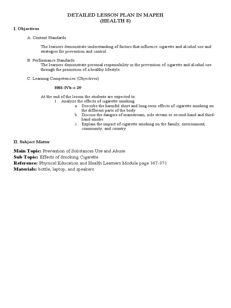 Detailed Lesson Plan in Substance Use and Abuse CIGARETTES ...
