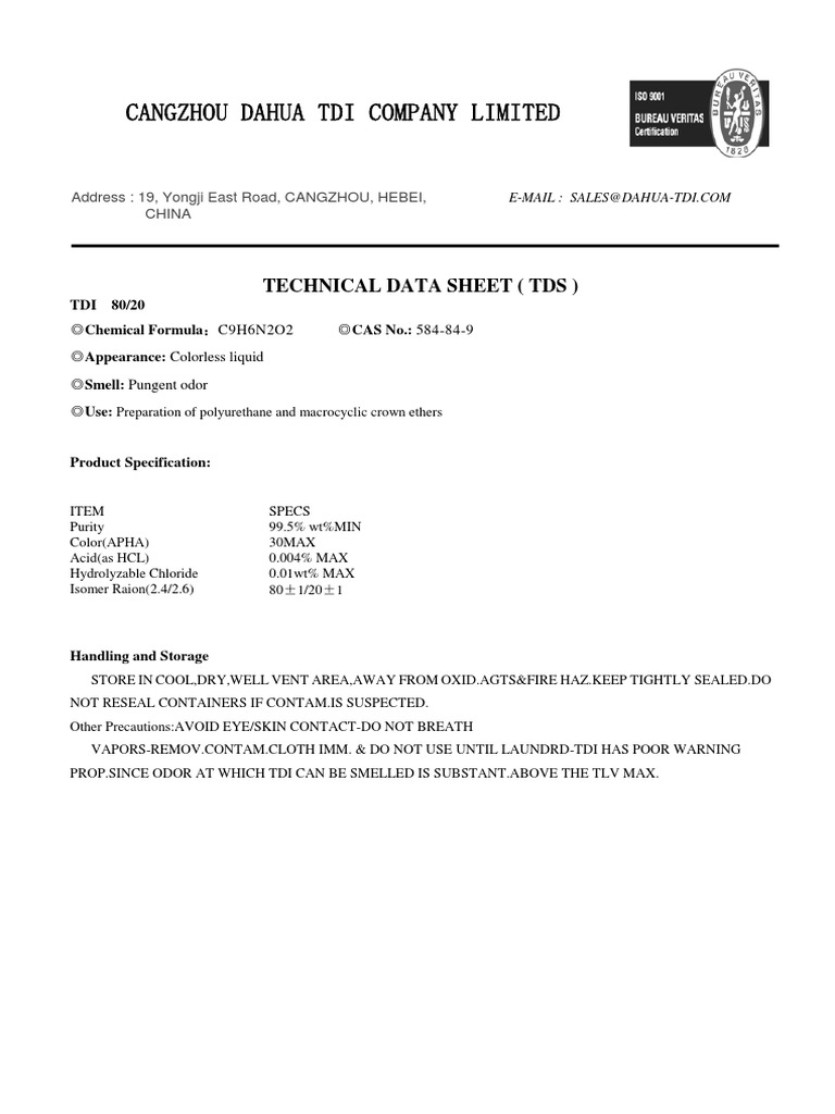 Cangzhou Dahua Tdi Company Limited: Technical Data Sheet (TDS) | PDF