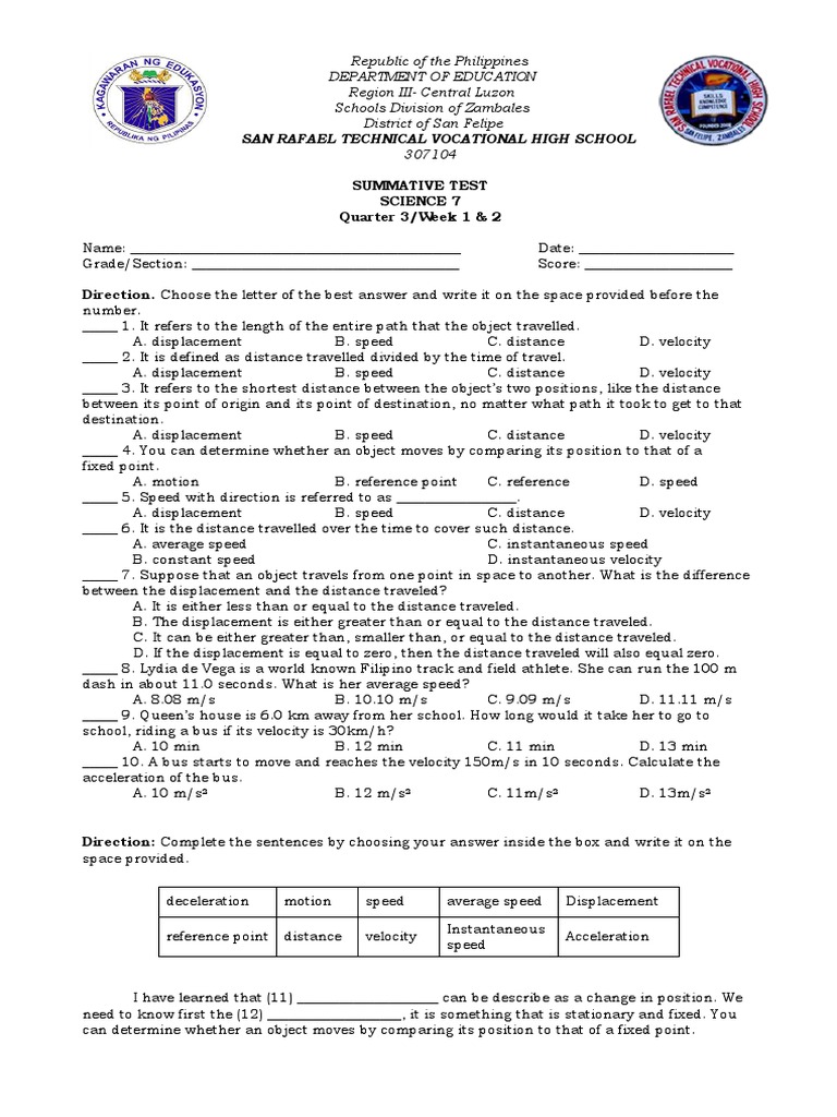 Summative Test Science 7 Quarter 3/week 1 & 2: San Rafael Technical ...