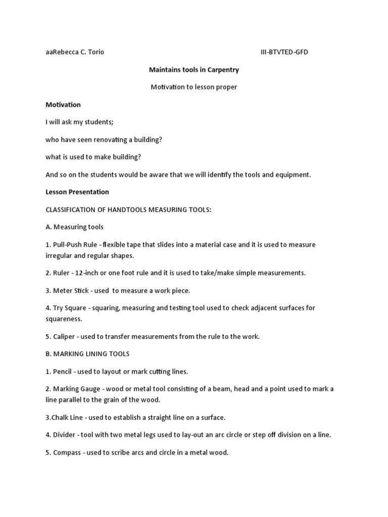 Maintains Tools in Carpentry | PDF | Drill | Tools