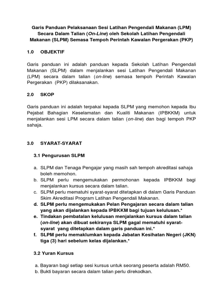 Garis Panduan Pelaksanaan Sesi Latihan Pengendali Makanan (LPM) | PDF