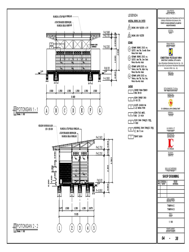 Potongan 1 - 1: Atap Spandek Berpasir, Rangka Baja Ringan Rangka Atap ...